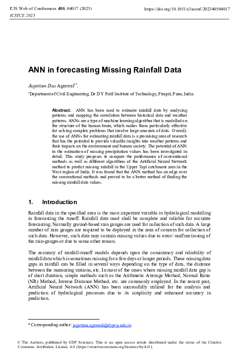 (PDF) ANN in forecasting Missing Rainfall Data