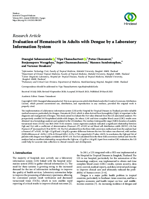 (PDF) Evaluation of Hematocrit in Adults with Dengue by a Laboratory ...