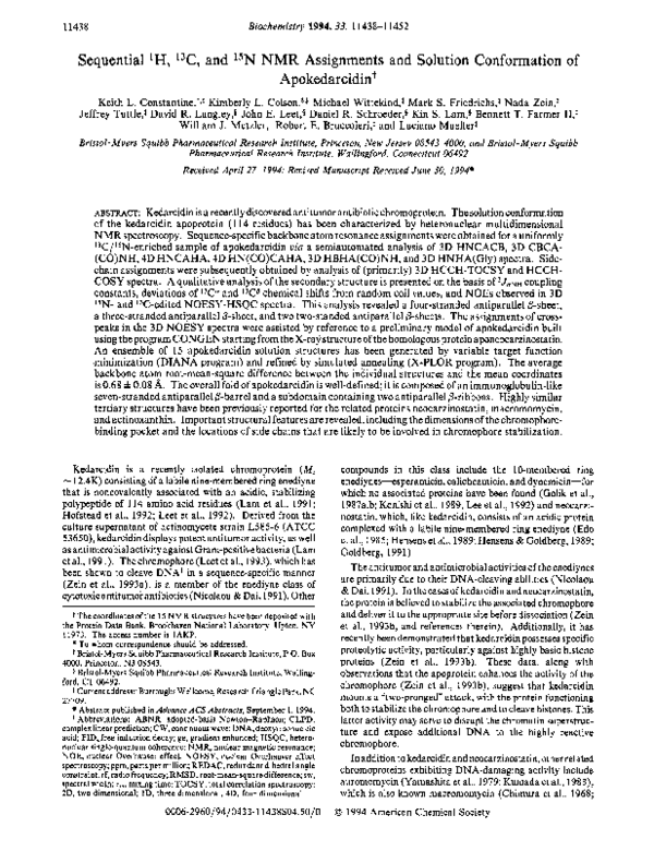 (PDF) Sequential 1H, 13C, and 15N-NMR Assignments and Solution Conformation of Apokedarcidin ...