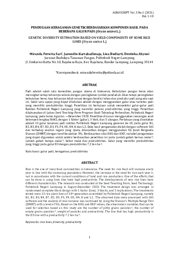 (PDF) Pendugaan Keragaman Genetik Berdasarkan Komponen Hasil pada ...
