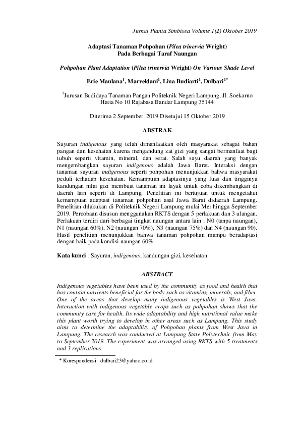 (PDF) Adaptasi Tanaman Pohpohan (Pilea trinervia Wright) Pada Berbagai ...