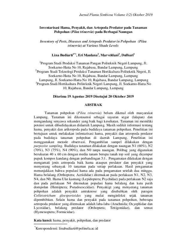 (PDF) Inventarisasi Hama, Penyakit, dan Artopoda Predator pada Tanaman Pohpohan (Pilea trinervia ...