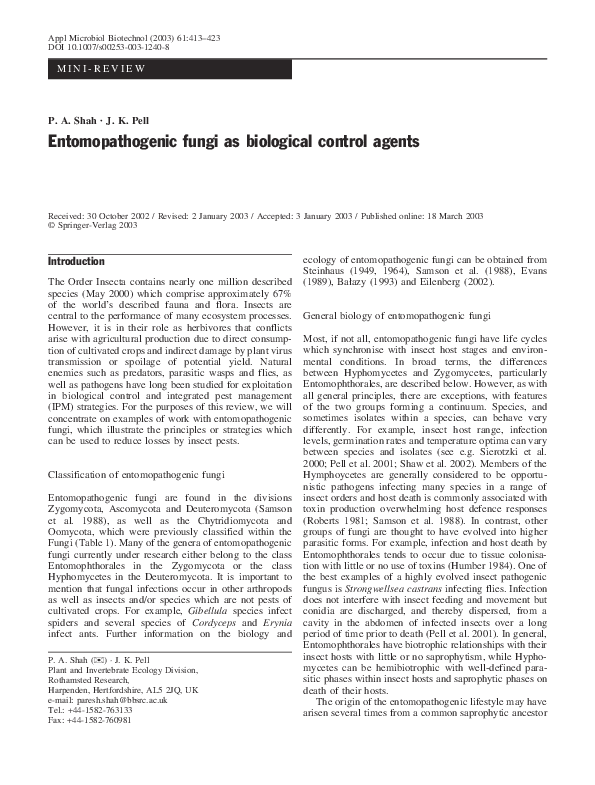 (PDF) Entomopathogenic fungi as biological control agents