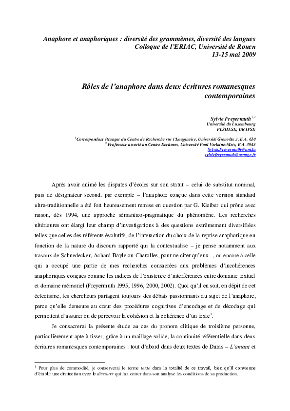 (PDF) Rôles de l’anaphore dans deux écritures romanesques contemporaines