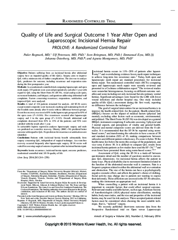 (PDF) Quality of Life and Surgical Outcome 1 Year After Open and Laparoscopic Incisional Hernia ...