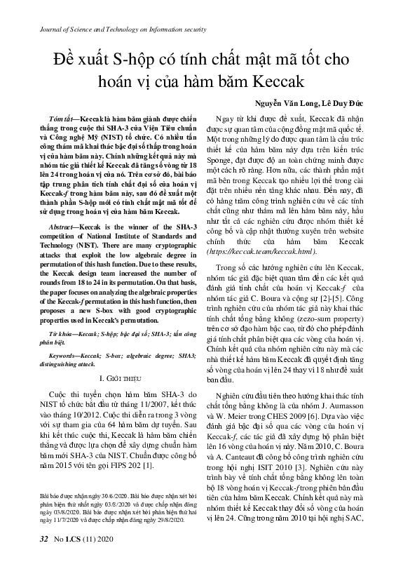 (PDF) Đề xuất S-hộp có tính chất mật mã tốt cho hoán vị của hàm băm Keccak | Nguyễn Long ...