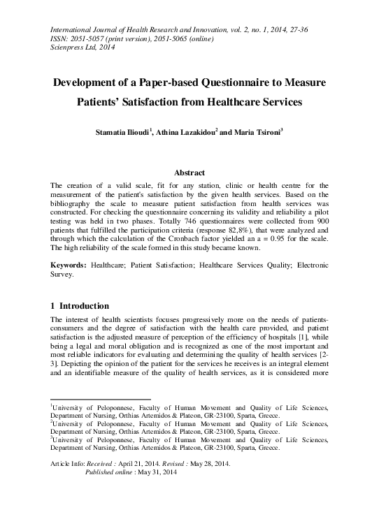 (PDF) Development of a Paper-based Questionnaire to Measure Patients ...