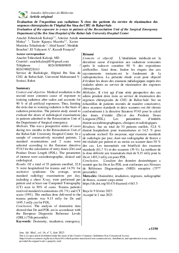 (PDF) Evaluation de l’exposition aux radiations X chez des patients du ...