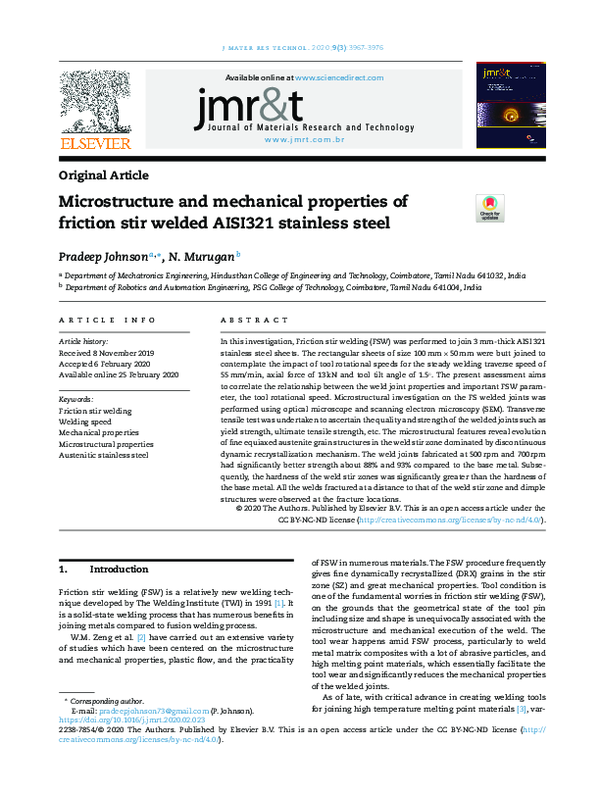 (PDF) Microstructure and mechanical properties of friction stir welded AISI321 stainless steel