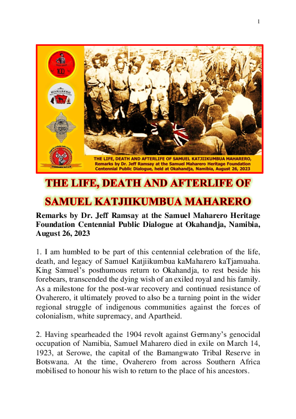 (PDF) THE LIFE, DEATH AND AFTERLIFE OF SAMUEL KATJIIKUMBUA MAHARERO ...