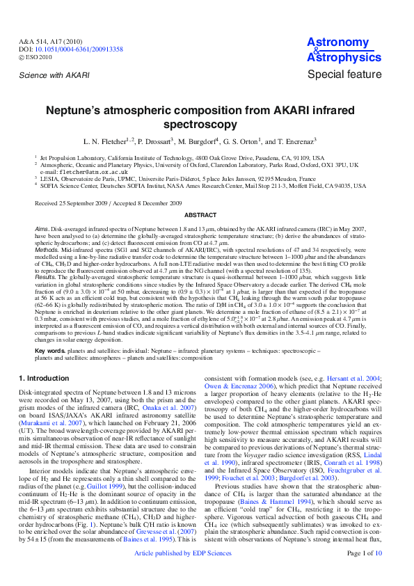 (PDF) Neptune's atmospheric composition from AKARI infrared spectroscopy