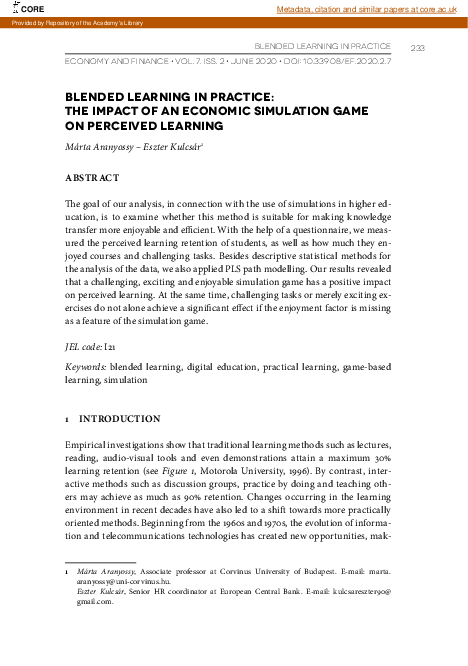 (PDF) Blended learning in practice: the impact of an economic simulation game on perceived learning
