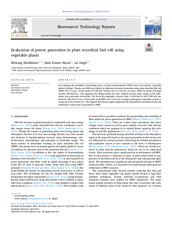 (PDF) Evaluation of power generation in plant microbial fuel cell using ...