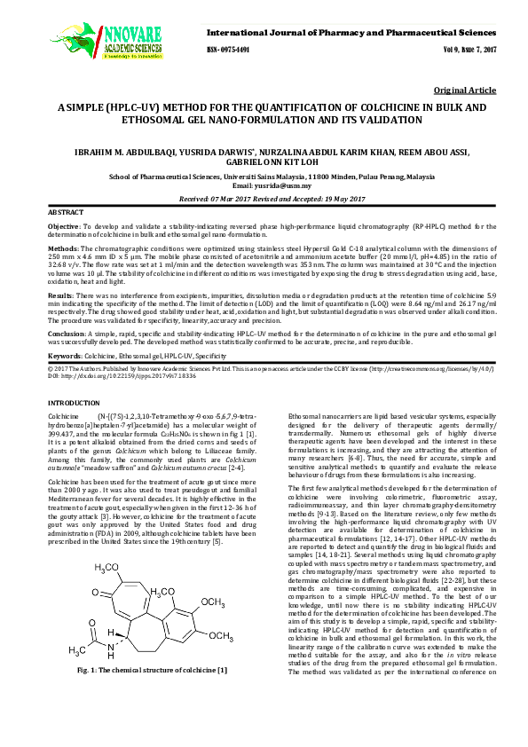 Pdf A Simple Hplc Uv Method For The Quantification Of Colchicine In