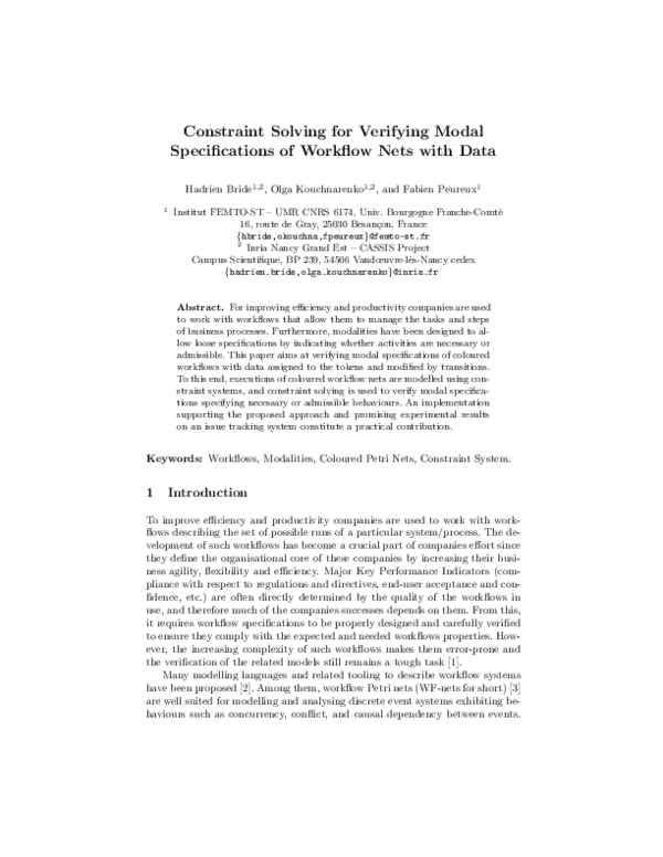 Pdf Constraint Solving For Verifying Modal Specifications Of Workflow Nets With Data Olga 0016