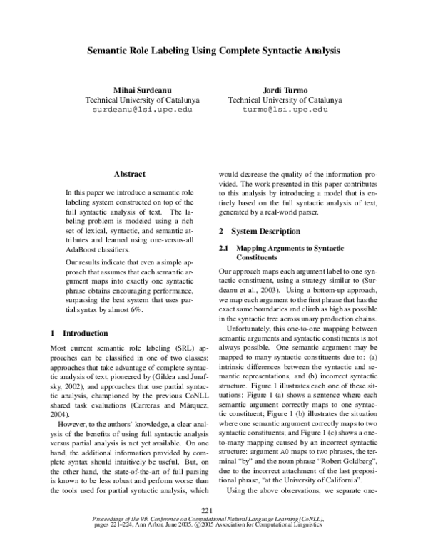 Pdf Semantic Role Labeling Using Complete Syntactic Analysis