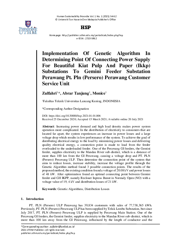 (PDF) Implementation of Genetic Algorithm in Determining Point of Connecting Power Supply for ...