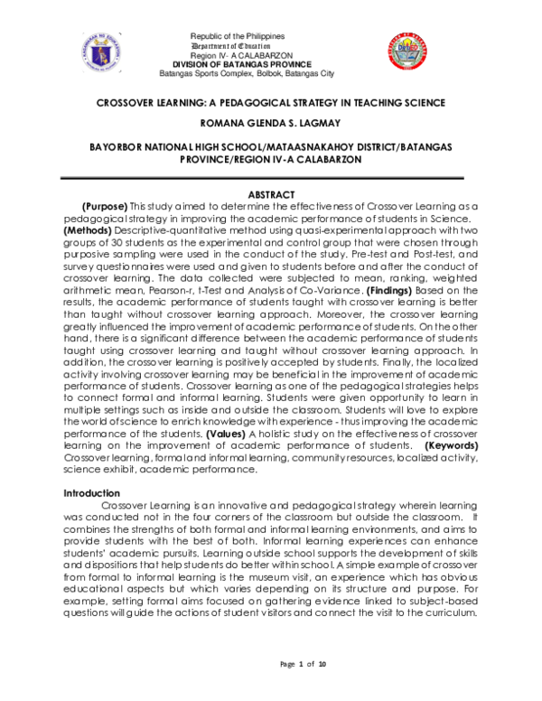 (PDF) CROSSOVER LEARNING: A PEDAGOGICAL STRATEGY IN TEACHING SCIENCE