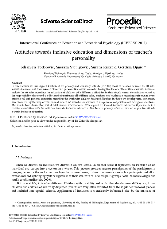 (PDF) Attitudes towards Inclusive Education and Dimensions of Teacher's Personality