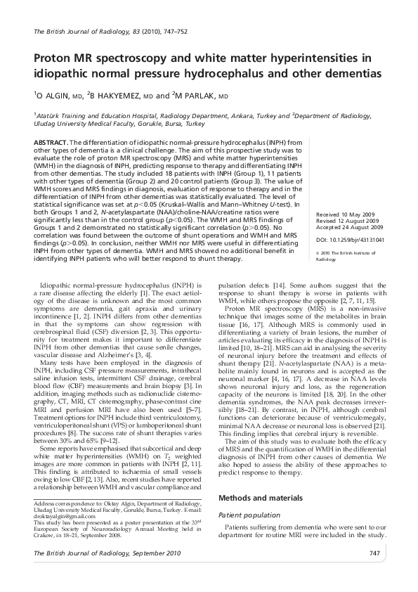 (PDF) Proton MR spectroscopy and white matter hyperintensities in idiopathic normal pressure ...