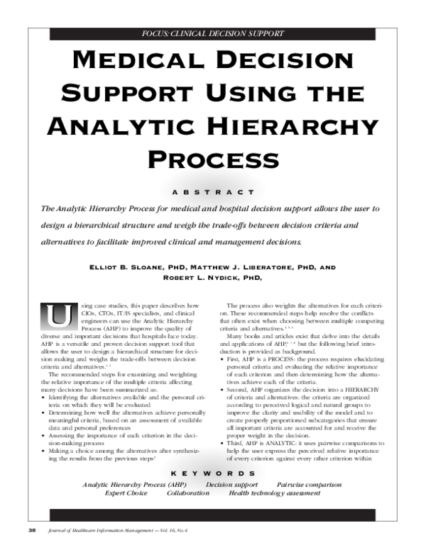 (PDF) Medical decision support using the Analytic Hierarchy Process
