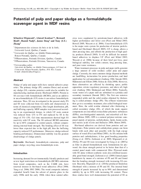 (PDF) Potential of pulp and paper sludge as a formaldehyde scavenger ...