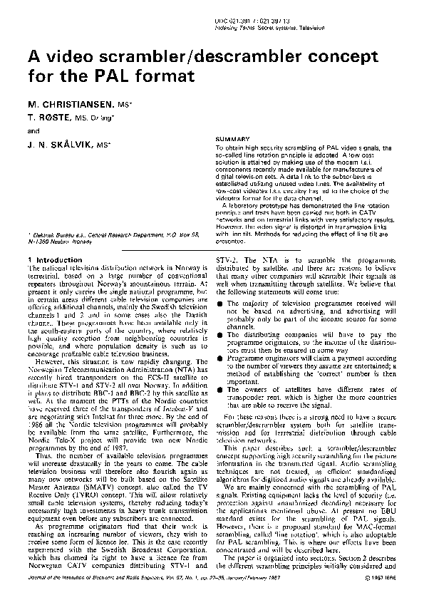 (PDF) A video scrambler/descrambler concept for the pal format