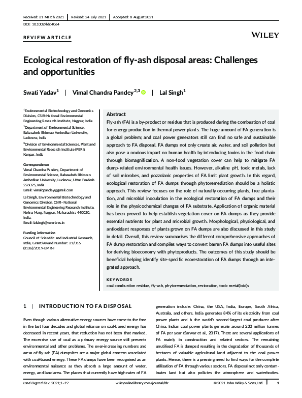 (PDF) Ecological restoration of fly ash disposal areas: Challenges and ...