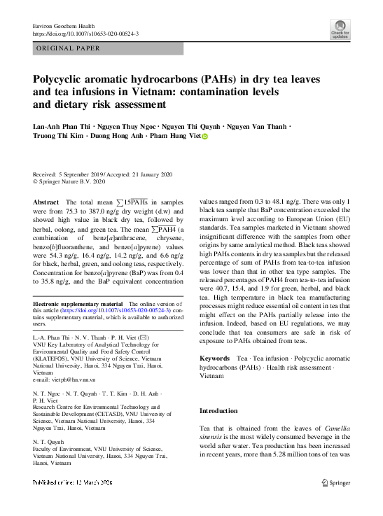(PDF) Polycyclic aromatic hydrocarbons (PAHs) in dry tea leaves and tea infusions in Vietnam ...