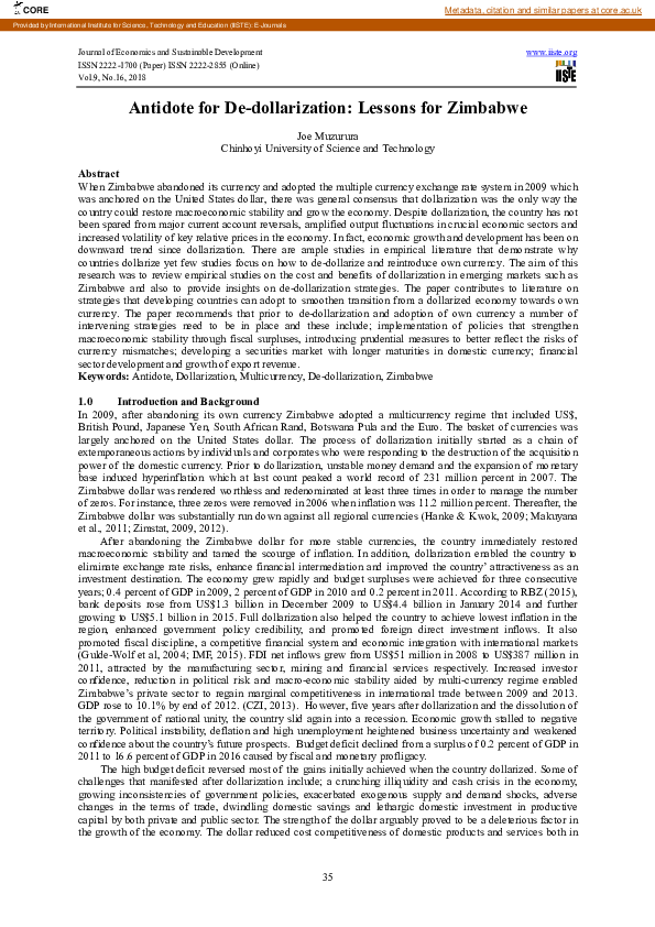 (PDF) Antidote for De-dollarization: Lessons for Zimbabwe | Joe ...