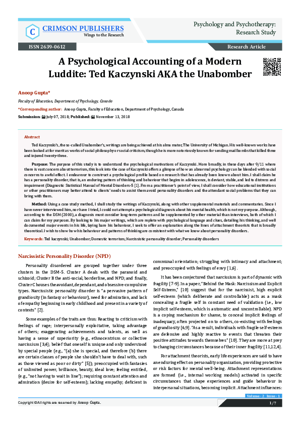 (PDF) A Psychological Accounting of a Modern Luddite: Ted Kaczynski AKA ...