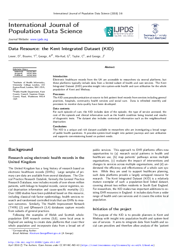 (PDF) Data Resource: the Kent Integrated Dataset (KID)