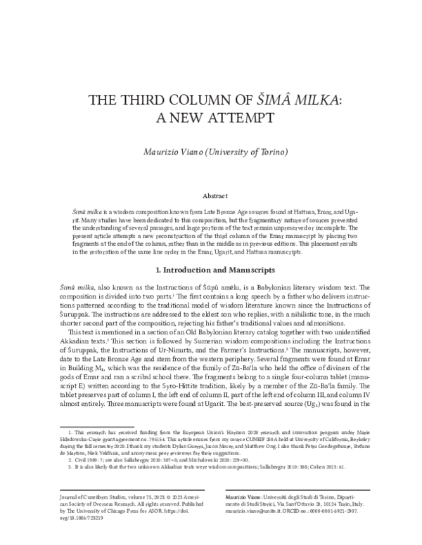 (PDF) The Third Column of Šimâ milka: A New Attempt
