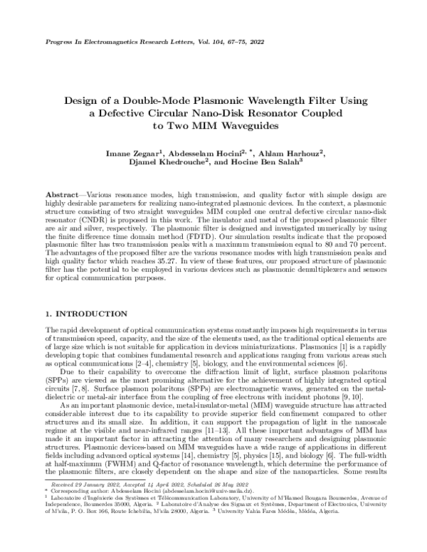 (PDF) Design of a Double-Mode Plasmonic Wavelength Filter Using a ...