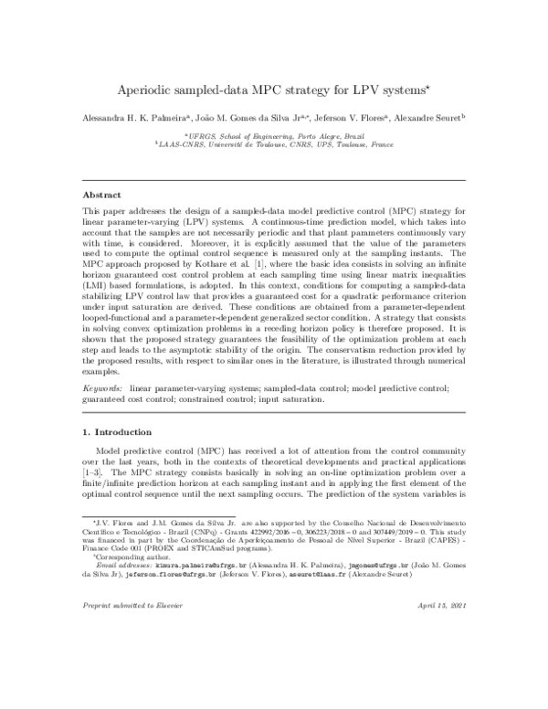 Pdf Aperiodic Sampled Data Mpc Strategy For Lpv Systems Alexandre Seuret