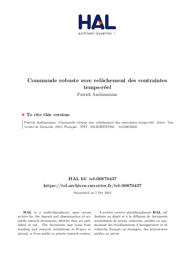 (PDF) Commande robuste avec relâchement des contraintes temps-réel