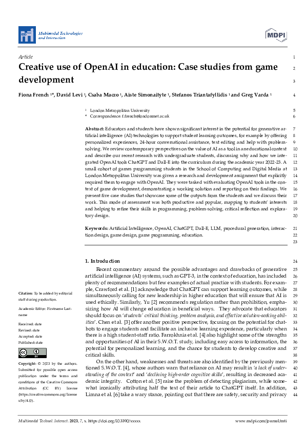 (PDF) Creative Use of OpenAI in Education: Case Studies from Game Development