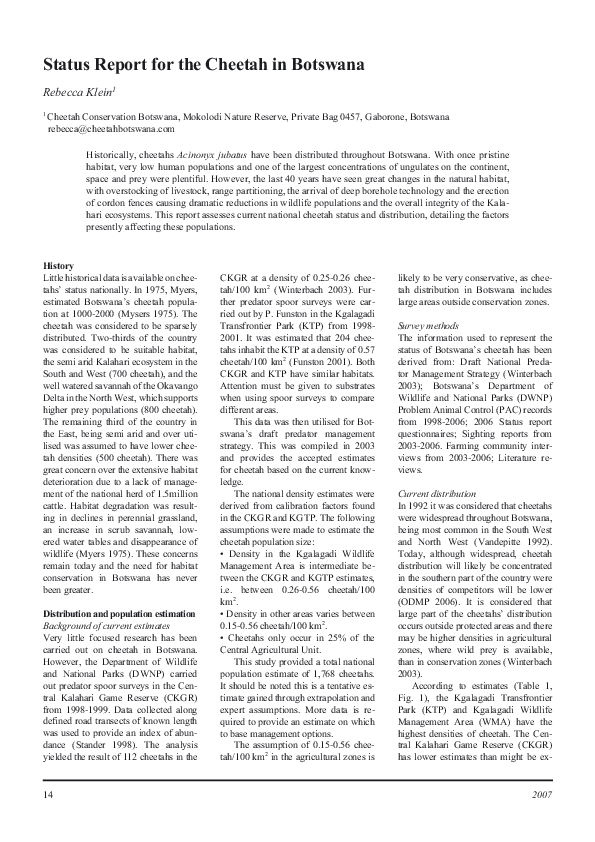 (PDF) Status report for the cheetah in Botswana
