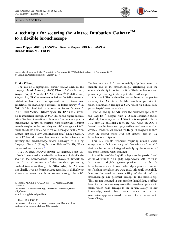 (PDF) A technique for securing the Aintree Intubation Catheter™ to a ...