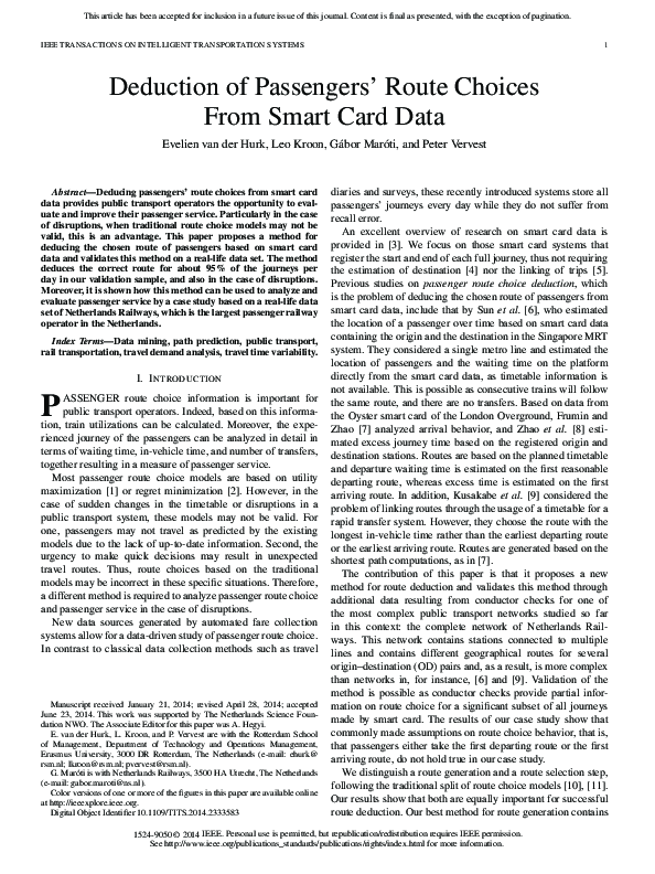 (PDF) Deduction of Passengers' Route Choices From Smart Card Data
