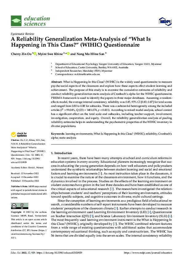 (PDF) A Reliability Generalization Meta-Analysis of “What Is Happening in This Class?” (WIHIC ...