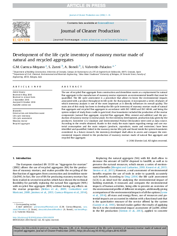 (PDF) Development of the life cycle inventory of masonry mortar made of ...