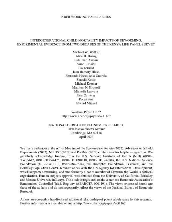 (PDF) Intergenerational Child Mortality Impacts of Deworming ...