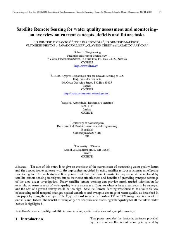 (PDF) Satellite Remote Sensing for water quality assessment and monitoring-an overview on ...
