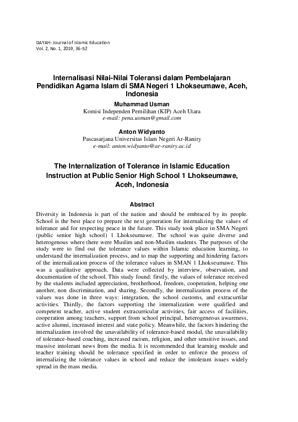 (PDF) Internalisasi Nilai-Nilai Toleransi dalam Pembelajaran Pendidikan Agama Islam di SMA ...