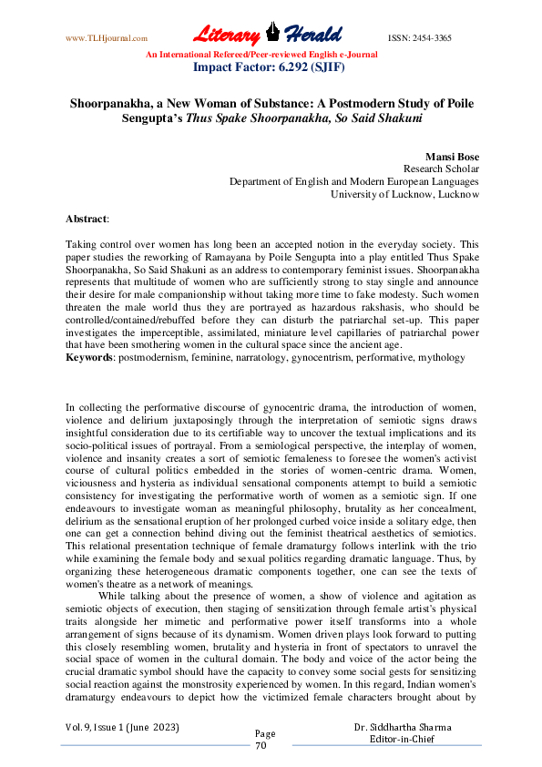 (PDF) Shoorpanakha, a New Woman of Substance: A Postmodern Study of ...