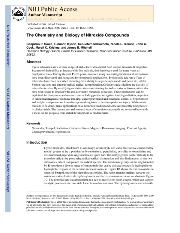 (PDF) The chemistry and biology of nitroxide compounds