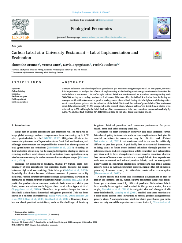 (PDF) Carbon Label at a University Restaurant – Label Implementation ...
