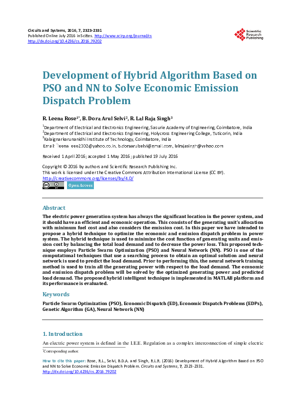 (PDF) Development of Hybrid Algorithm Based on PSO and NN to Solve Economic Emission Dispatch ...