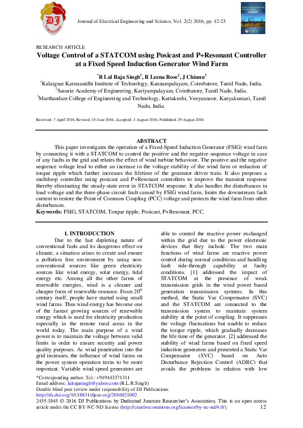 Pdf Voltage Control Of A Statcom Using Posicast And P Resonant Controller At A Fixed Speed